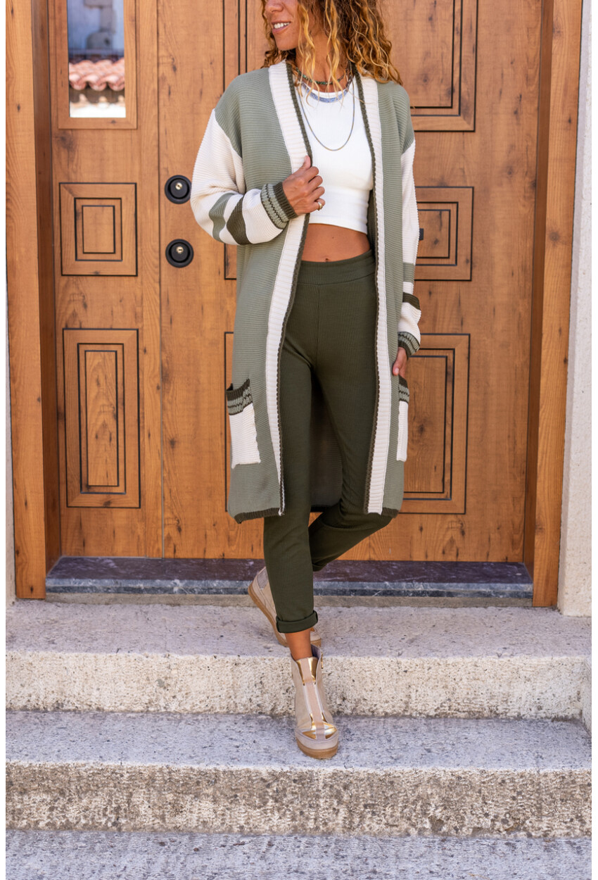 Kadın Haki Color Block Garnili Cepli Uzun Salaş Hırka Cck95013 - Güneş Kızı