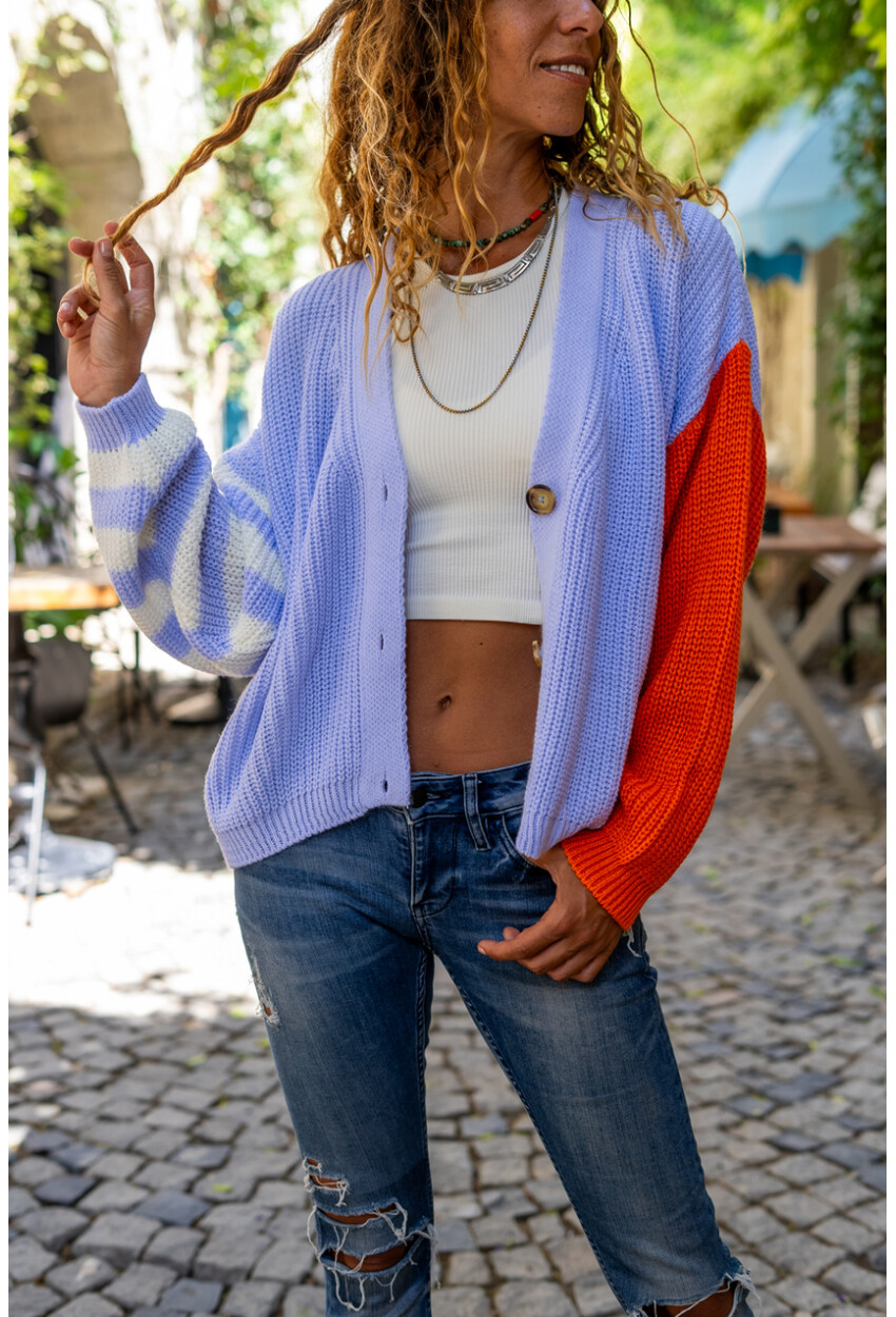 Kadın Lila Düğmeli Color Block Salaş Hırka Cck95017 - Güneş Kızı