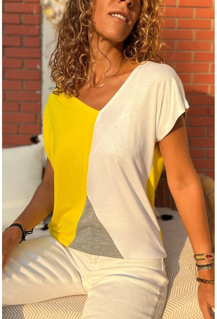 Kadın Sarı-Beyaz Color Block Salaş T-Shirt GK-JR402